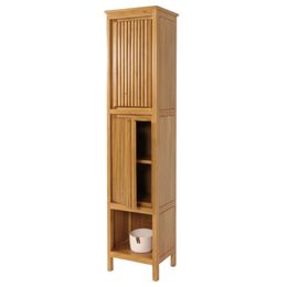 Teak-Hochschrank MCW-M70, Badschrank, 2 T&uuml;ren 5 F&auml;cher, hochwertiges B-Grade-Teak (Kernholz, 20-30 Jahre) 181x41x35cm