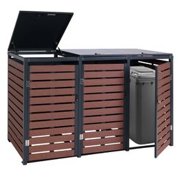3er M&uuml;lltonnenverkleidung MCW-K14, M&uuml;lltonnenbox M&uuml;lltonnenabdeckung, 119x205x84cm WPC Metall 109kg ~ Walnuss-Holzoptik