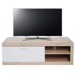 TV-Rack MCW-L33, TV-Board Fernsehtisch Lowboard TV-Schrank Kommode, Holz 43x140x41cm Staufach, Eiche-Optik, wei&szlig;