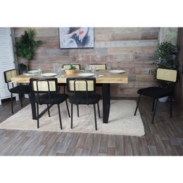 6er-Set Esszimmerstuhl MCW-K88, Lehnstuhl Stuhl, Holz Poly-Rattan Metall Boucl&eacute; ~ Stoff/Textil schwarz