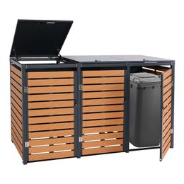 3er M&uuml;lltonnenverkleidung MCW-K14, M&uuml;lltonnenbox M&uuml;lltonnenabdeckung, 119x205x84cm WPC Metall 109kg ~ Teak-Optik