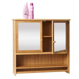 Spiegelschrank MCW-B18, Badspiegelschrank H&auml;ngeschrank, 3 Regalb&ouml;den 2 T&uuml;ren Spiegel Bambus 62x66x15cm