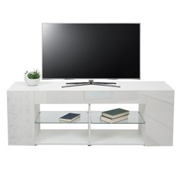 TV-Rack MCW-L36, TV-Board Fernsehtisch Lowboard TV-Schrank Kommode, Holz 50x144x40cm Staufach, hochglanz wei&szlig;
