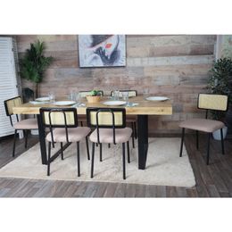 6er-Set Esszimmerstuhl MCW-K88, Lehnstuhl Stuhl, Holz Poly-Rattan Metall Boucl&eacute; ~ Stoff/Textil rosa