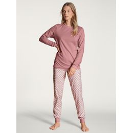 Pyjama Calida "Lovely Nights", Damen, Gr. L (48/50), rosa (rose bud), Single Jersey, Obermaterial: 100% Baumwolle, unifarben, gemustert, casual, comfort fit lang, Rundhals, Langarm, Homewear-Sets, mit Rippbündchen an allen Abschlüssen