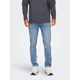 Only & Sons Slim-fit-Jeans ONLY & SONS "ONSLOOM SLIM LBD 8263 AZG DNM NOOS", Herren, Gr. 33, Länge 32, blau (light med blau denim), Denim/Jeans, Obermaterial: 75% Baumwolle, 23% Polyester, 2% Elasthan, Abriebeffekte, modisch, schmal knöchellang, Jeans