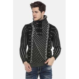 Cipo & Baxx Strickpullover CIPO & BAXX "Pullover", Herren, Gr. L, schwarz (schwarz, grau), 100% Polyacryl, gestreift, Basic, regular fit, Pullover, mit Schnallenkragen, CP212