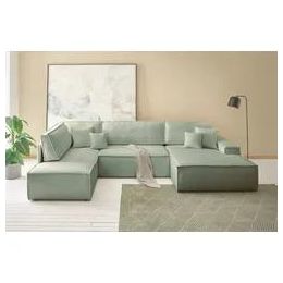 Wohnlandschaft Andas "FINNLEY U-Form XXL 329 cm, Schlafsofa, Schlaffunktion m. Bettkasten", grün (mintgrün), B:329cm H:85cm T:195cm, Bezugstoff aus 90% recyceltem Material , Aqua Clean , Gramatur 580g/ qm +/- 5%, Sofas, (194/139 cm), Bouclé, Struktur und Cord