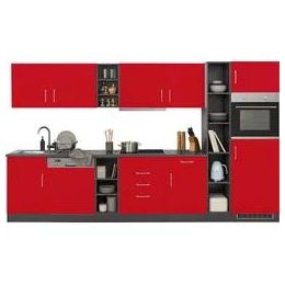 Küchenzeile KOCHSTATION "KS-Paris", rot (küche: rot, grafit, korpus: grafit, arbeitsplatte: anthrazit), B:340cm T:60cm, Komplettküchen-Sets, mit E-Geräten, Breite 340 cm, wahlweise mit Induktionskochfeld