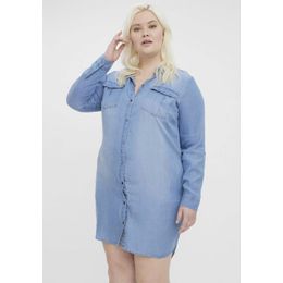 Jeanskleid Vero Moda CURVE "VMSILA LS SHORT DRESS MIX GA CURVE NOOS", Damen, Gr. 54, N-Gr, blau (light blau denim), Obermaterial: 100% Lyocell (TENCEL), modisch, Langarm, Kleider