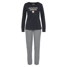 Vivance Dreams Pyjama Schwarz Gr. 32/34 für Damen. Rundhals und Schriftzug, Allover-Druck