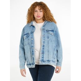 Jeansjacke Tommy Jeans CURVE "CRV OVR TRUCKER JACKET CG4114" Gr. 5XL (50), blau (denim light), Damen, Web, Obermaterial: 99% Baumwolle, 1% Elasthan, unifarben, Jacken, Große Größen