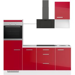 Küche IMPULS KÜCHEN ""Turin", Ausrichtung wählbar, Schubkästen mit Soft-Close", rot (küche: rot hochglanz, carrara weiß, korpus: weiß, arbeitsplatte: carrara weiß), B:215cm H:235cm T:58cm, Komplettküchen-Sets, Küchenzeile, vormontiert, mit E-Geräten, Breite 215 cm