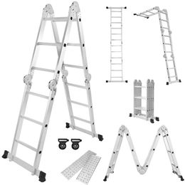 Aufun - Multifunktionsleiter Leiter Teleskopleiter mit 2 Bodentraversen und 2 Gerüstplatten, Gesamtlänge 3,4m, Mehrzweckleiter max 150 kg