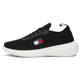 Slip-On Sneaker Tommy Jeans "TJW KNIT RUNNER", Damen, Gr. 37, schwarz, Textil, Leder, unifarben, kontrastfarbene Details, sportlich, Schuhe, Freizeitschuh, Halbschuh, Schlupfschuh mit seitlicher Logoflagge