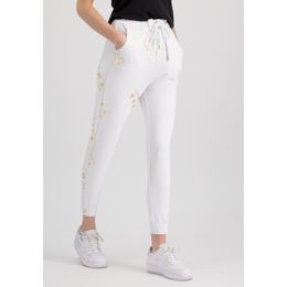 Jogginghose Alpha Industries "Alpha Industries Women - Jogger AI Leg Jogger Foil AOP Wmn", Damen, Gr. XL, Normalgrößen, weiß (weiß, gelb gold), Obermaterial: 80% Baumwolle, 20% Polyester, Hosen