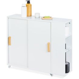 Relaxdays - Nischenschrank, 4 Fächer, WC-Bürstenhalter, HxBxT: 62 x 19,5 x 64 cm, Bad, mdf, Bambus, Rollwagen, weiß/natur