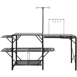 Mophorn Camping-Küchentisch, einteilige, zusammenklappbare, tragbare Kochstation mit Tragetasche, langer Aluminiumtisch, 3 Beistelltische, 2 Ablagen