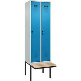 Kleiderspind C+P Evolo Plus, 2 Abteile à 300 mm Breite, schwebende Sitzbank, B 600 x T 815 x H 2120 mm, Drehriegel, lichtblau/lichtgrau