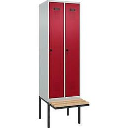Kleiderspind C+P Evolo Plus, 2 Abteile à 300 mm Breite, schwebende Sitzbank, B 600 x T 815 x H 2120 mm, Drehriegel, lichtgrau/rubinrot