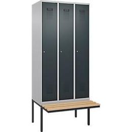 Kleiderspind C+P Evolo Plus, 3 Abteile à 300 mm Breite, schwebende Sitzbank, B 900 x T 815 x H 2120 mm, Zylinder, weißaluminium/anthrazit