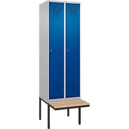 Kleiderspind C+P Evolo Plus, 2 Abteile à 300 mm Breite, schwebende Sitzbank, B 600 x T 815 x H 2120 mm, Zylinder, weißaluminium/enzianblau