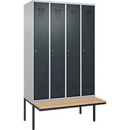 Kleiderspind C+P Evolo Plus, 4 Abteile à 300 mm Breite, schwebende Sitzbank, B 1200 x T 815 x H 2120 mm, Zylinder, weißaluminium/anthrazitgrau