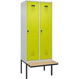 Kleiderspind C+P Evolo Plus, 2 Abteile à 400 mm Breite, schwebende Sitzbank, B 800 x T 815 x H 2120 mm, Drehriegel, lichtgrau/clowngrün