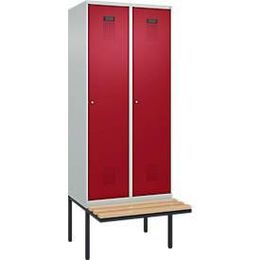 Kleiderspind C+P Evolo Plus, 2 Abteile à 400 mm Breite, schwebende Sitzbank, B 800 x T 815 x H 2120 mm, Zylinder, lichtgrau/rubinrot