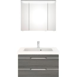 Badmöbel-Set SAPHIR "Balto Sprint 2-teilig, Mineralmarmor-Waschtisch mit LED-Spiegelschrank", grau (graphit struktur quer nachbildung), B:92cm H:200cm T:50,8cm, Spanplatte, Kastenmöbel-Sets, Badezimmer Set 92 cm breit, inkl. Türdämpfer, 3 Türen, 2 Schubladen