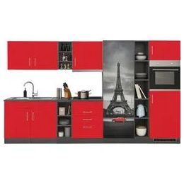 Küchenzeile KOCHSTATION "KS-Paris", rot (küche: rot, grafit, korpus: grafit, arbeitsplatte: anthrazit), B:340cm T:60cm, Komplettküchen-Sets, mit E-Geräten, Breite 340 cm, wahlweise mit Induktionskochfeld