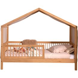 Hausbett Home Affaire "Forrest mit Dachaufbau, Rausfallschutz vorne und Textilhimmel", braun (eiche natur geölt, eiche natur geölt, eiche natur geölt), B:97,5cm H:170cm L:207,5cm, Textilhimmel 100% Baumwolle, Betten, aus massiver Eiche geölt 90/200, wahlweise mit u. ohne Bettschublade