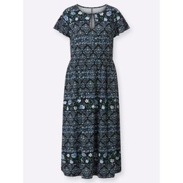 WITT Damen Jerseykleid mit Gummizug auf Taillenh&ouml;he, jeansblau-schwarz-bedruckt, Gr&ouml;&szlig;e 36