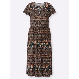 WITT Damen Jerseykleid mit Gummizug auf Taillenh&ouml;he, papaya-schwarz-bedruckt, Gr&ouml;&szlig;e 38