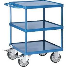 Tischwagen Fetra 2416W, bis 500 kg, 3 Etagen mit Wannen, Ladefläche L 600 x B 600 mm, TPE-Bereifung, Schiebegriff, Stahl, brillantblau