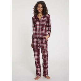 Pyjama Lascana, Damen, Gr. 40/42, rot (rot kariert), Interlock, Obermaterial: 100% Baumwolle, kariert, Basic, bequem lang, V-Ausschnitt, Langarm Manschette, Homewear-Sets, mit Schlafmaske