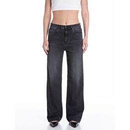 Straight-Jeans Replay "MELJA", Damen, Gr. 26, Länge 30, schwarz (schwarz delave), Denim/Jeans, Obermaterial: 99% Baumwolle, 1% Elasthan, casual, straight fit lang, Jeans, mit weitem Bein