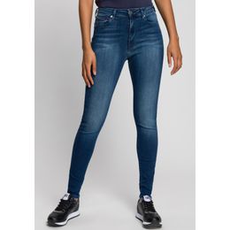 Skinny-fit-Jeans Tommy Jeans "SYLVIA HR SUPER SKNY", Damen, Gr. 24, Länge 32, blau (new niceville mid blau), Denim/Jeans, Obermaterial: 90% Baumwolle, 8% Elastomultiester, 2% Elasthan, unifarben, casual, skinny fit, Jeans, Hochwertige Materialien für einen bequemen und perfekten Sitz.