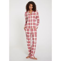 Pyjama Lascana, Damen, Gr. 40/42, weiß (weiß kariert), Interlock, Obermaterial: 100% Baumwolle, kariert, Basic, bequem lang, V-Ausschnitt, Langarm Manschette, Homewear-Sets, mit Schlafmaske