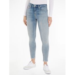 Skinny-fit-Jeans Tommy Jeans "NORA MD SKN ANK ZIP CH1218", Damen, Gr. 34, Länge 32, blau (denim light), Denim/Jeans, Obermaterial: 94% Baumwolle, 4% Elastomultiester, 2% Elasthan, unifarben, casual, skinny fit, Jeans, mit Tommy Jeans Logo-Badge