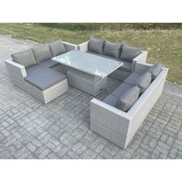 Rattan Gartenmöbel Set mit Sofa, Höhe verstellbar Esstisch und Hocker,Outdoor Terrassen Essgruppe 5-teilige Sitzgruppe Helles Grau - Fimous