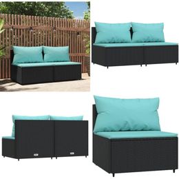 vidaXL - Garten-Mittelsofas mit Kissen 2 Stk. Schwarz Poly Rattan - Mittelsofa - Mittelsofas - Home & Living - Schwarz