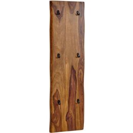 FineBuy - Wandgarderobe Sheesham Massivholz / Metall 40x140x7 cm mit Baumkante, Design Hakenleiste 2-Reihig Flurgarderobe Wand, Garderobe Holz