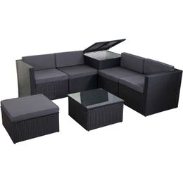 Poly-Rattan-Garnitur HHG 609, Balkon-/Garten-/Lounge-Set Sofa Sitzgruppe, Box Staufach anthrazit, Kissen dunkelgrau