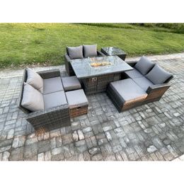 Hoher Rücken Rattan Gartenmöbel Sets mit Outdoor-Möbel Gas Feuerstelle Esstisch Set 3 Hocker Beistelltische Dunkelgrau Gemischt - Fimous