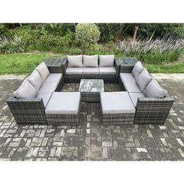 Outdoor Rattan Gartenmöbel Set Patio Lounge Sofa Set mit 2 Beistelltischen Quadratischer Couchtisch 2 Großer Fußhocker Dunkelgrau Gemischt - Fimous