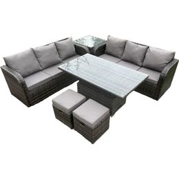 Outdoor Rattan Gartenmöbel Sets Höhenverstellbarer aufsteigender Esstisch Sofa Set mit Beistelltisch 2 Kleine Fußhocker Dunkelgrau gemischt - Fimous