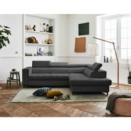 Lisa Design - Olinda - ecksofa mit ecke rechts - 5 sitzplätze - mit schlaffunktion, bettkasten und verstellbare kopfstützen - aus stoff - dunkelgrau