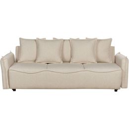 Beliani - Sofa Beige Stoff 3-Sitzer mit Schlaffunktion Stauraum Mehrere Kissen Schmale Armlehnen Modern Wohnzimmer Ausstattung Schlafsofa