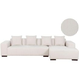 Beliani 4-Sitzer Ecksofa Cremeweiß Stoffbezug Cord L-Förmig mit Chaiselongue Linksseitig 4 Dekokissen Modern Wohnzimmer Wohnlandschaft Polstersofa